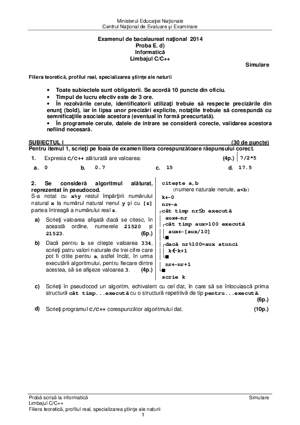 subiecte bac informatica stiinte ale naturii