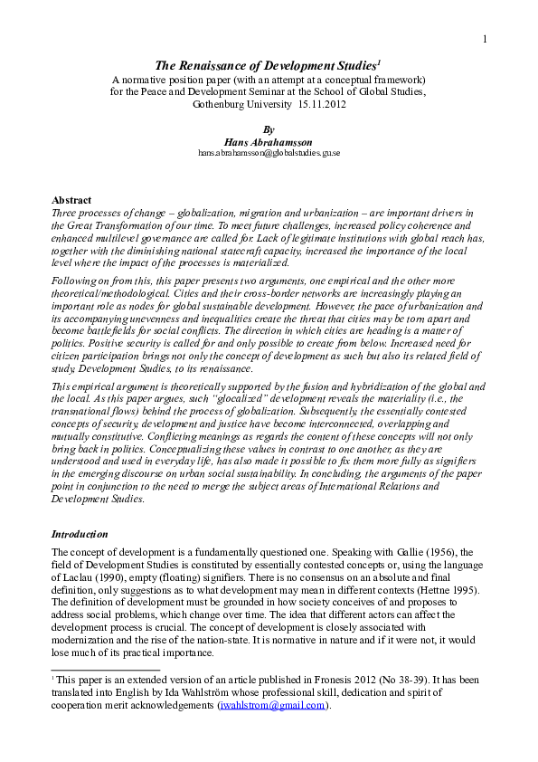 (DOC) The Renaissance of Development Studies - position paper for Peace ...