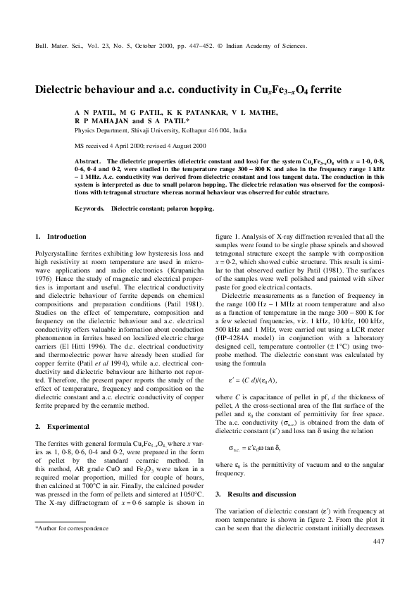 (PDF) Dielectric behaviour and a.c. conductivity in Cu x Fe 3− x O 4 ferrite