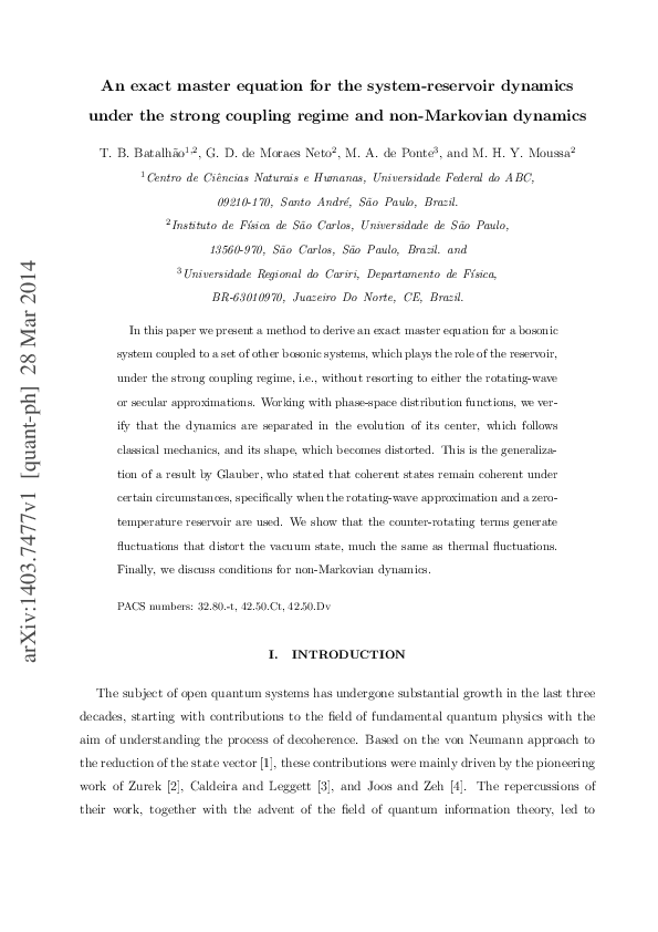 (PDF) An exact master equation for the system-reservoir dynamics under the strong coupling ...