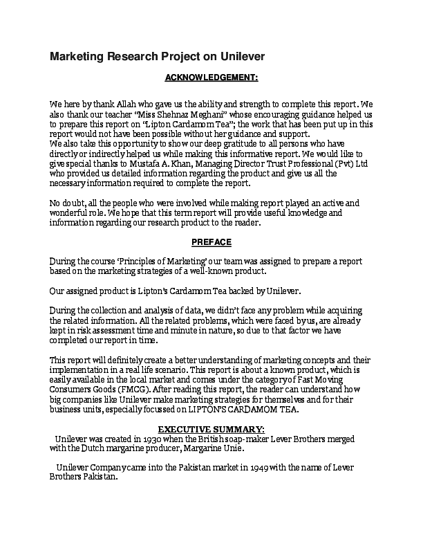 (DOC) Marketing Research Project on Unilever