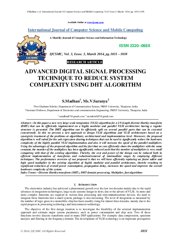 (PDF) ADVANCED DIGITAL SIGNAL PROCESSING TECHNIQUE TO REDUCE SYSTEM COMPLEXITY USING DHT ALGORITHM