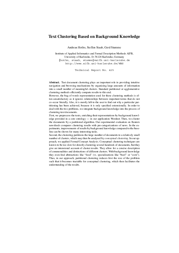 Pdf Text Clustering Based On Background Knowledge Gerd Stumme