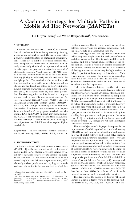 Pdf A Caching Strategy For Multiple Paths In Mobile Ad Hoc Networks Manets