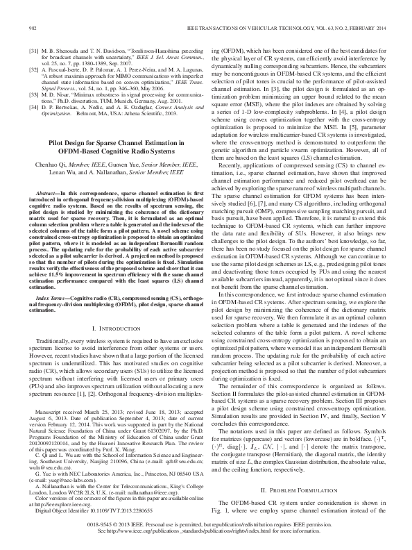 (PDF) Pilot Design for Sparse Channel Estimation in OFDM-Based Cognitive Radio Systems