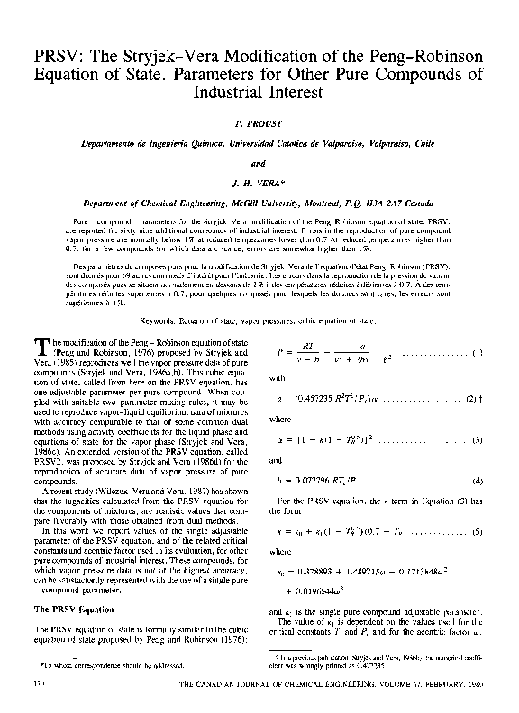 (PDF) PRSV: The Stryjek-Vera Modification of the Peng-Robinson Equation of State. Parameters for ...