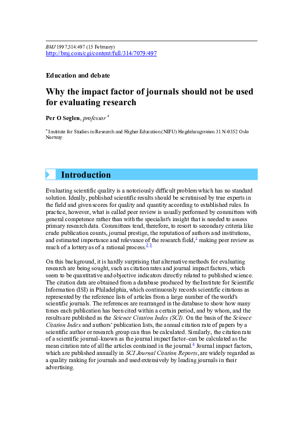 (PDF) Why the impact factor of journals should not be used for ...