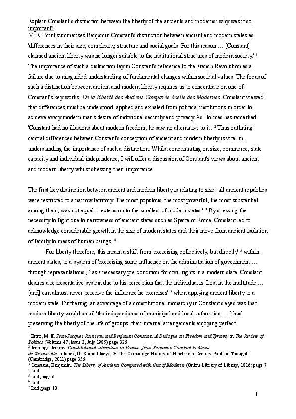 Explain Constant’s distinction between the liberty of the ancients and ...