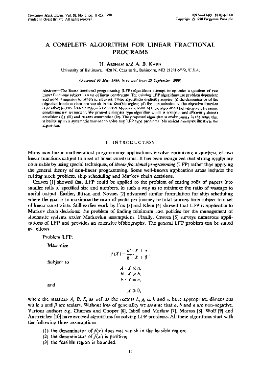 (PDF) A COMPLETE ALGORITHM FOR LINEAR FRACTIONAL PROGRAMS