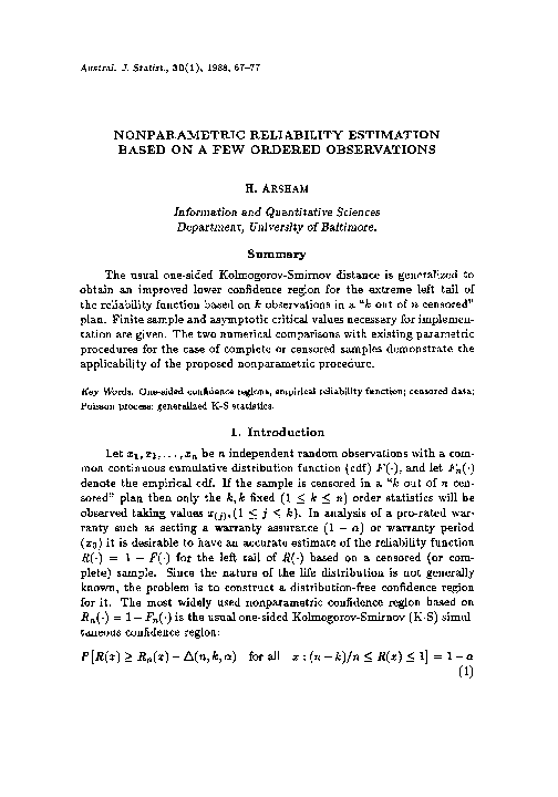 (PDF) NONPARAMETRIC RELIABILITY ESTIMATION BASED ON A FEW ORDERED OBSERVATIONS