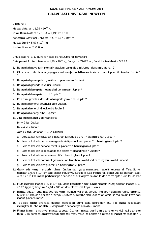 (PDF) SOAL LATIHAN OSK ASTRONOMI 2014 GRAVITASI UNIVERSAL NEWTON
