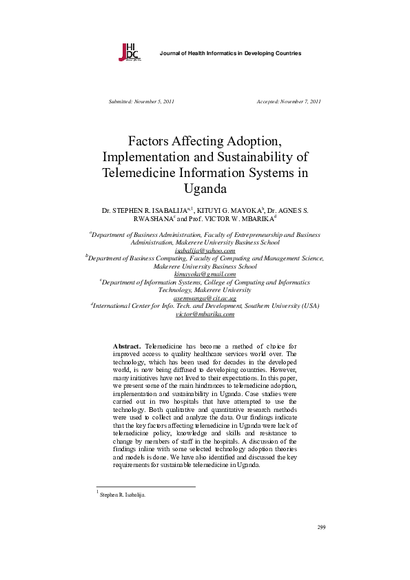 (PDF) Factors Affecting Adoption, Implementation and Sustainability of Telemedicine Information ...
