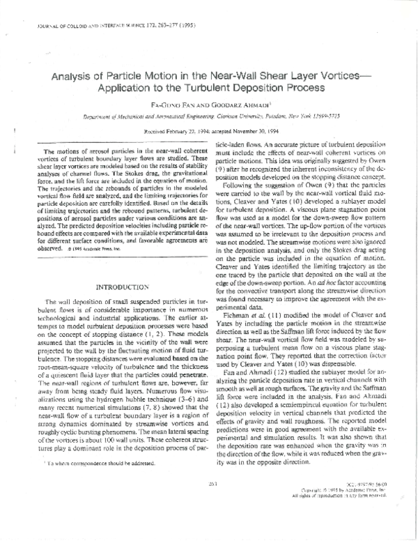 Analysis of Particle Motion in the Near-Wall Shear Layer Vortices ...