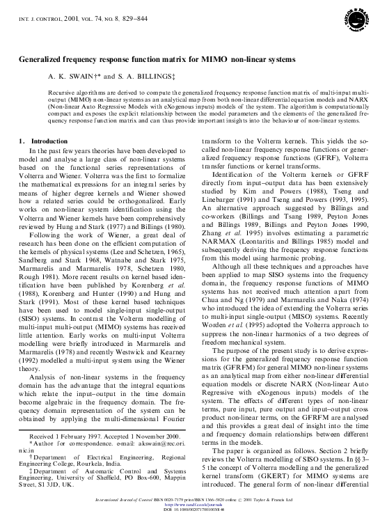 Pdf Generalised Frequency Response Function Matrix For Mimo Nonlinear Systems