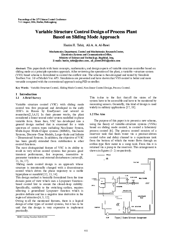 Pdf Variable Structure Control Design Of Process Plant Based On Sliding Mode Approach Ali