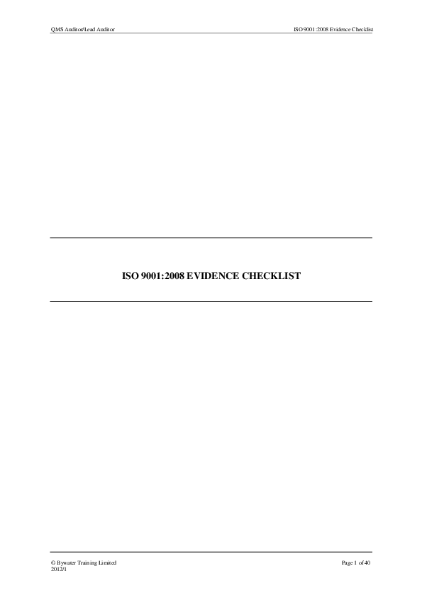 (PDF) QMS Auditor/Lead Auditor ISO 9001:2008 Evidence Checklist