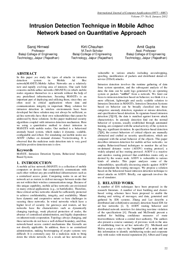 (PDF) Intrusion Detection Technique in Mobile Adhoc Network based on Quantitative Approach
