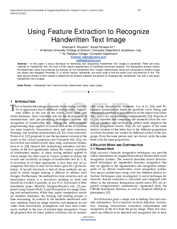 Pdf Using Feature Extraction To Recognize Handwritten Text Image