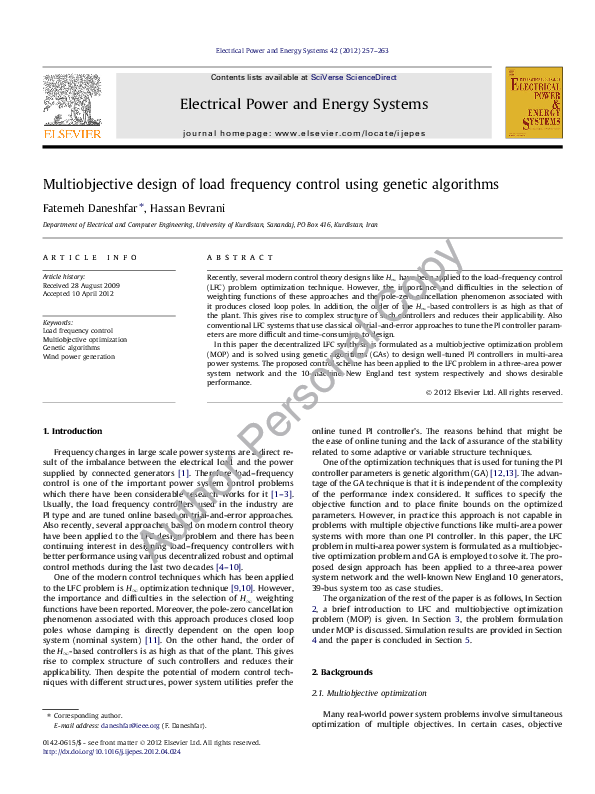 Pdf Multiobjective Design Of Load Frequency Control Using Genetic