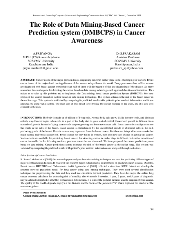 Pdf The Role Of Data Mining Based Cancer Prediction System Dmbcps
