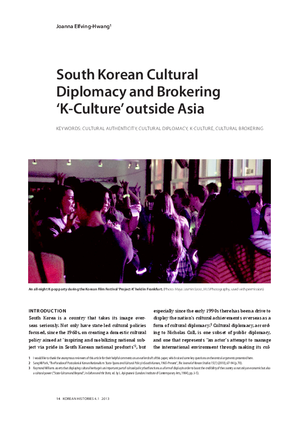 (PDF) South Korean cultural diplomacy and brokering K-Culture’ outside Asia