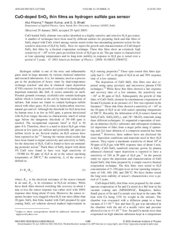 (PDF) CuO-doped SnO2 thin films as hydrogen sulfide gas sensor