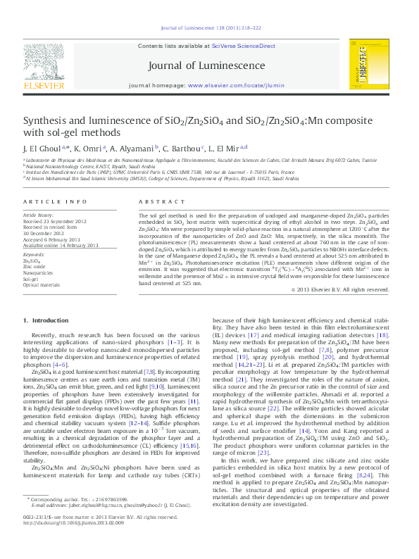 (PDF) Synthesis and luminescence of SiO2/Zn2SiO4 and SiO2/Zn2SiO4:Mn composite with sol-gel methods
