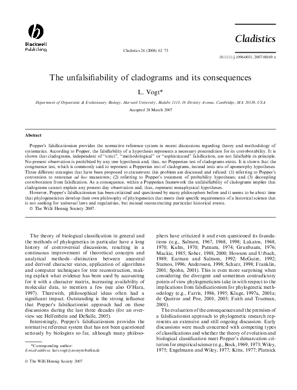 The unfalsifiability of cladograms and its consequences