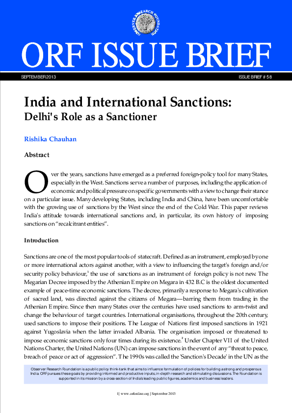 (PDF) India and International Sanctions: Delhi's Role as a Sanctioner