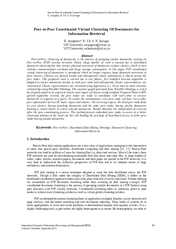 (PDF) Peer-to-Peer Coordinated Virtual Clustering Of Documents for Information Retrieval