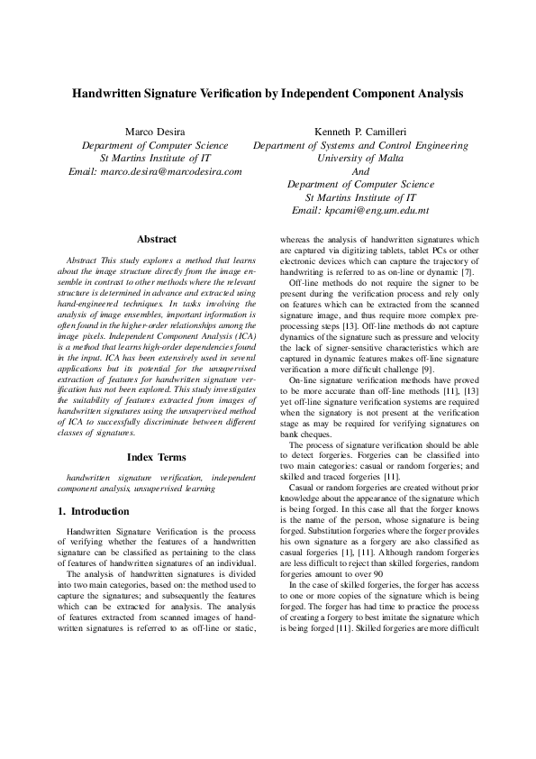 (PDF) Handwritten Signature Verification by Independent Component Analysis