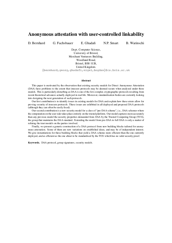 (PDF) Anonymous attestation with user-controlled linkability