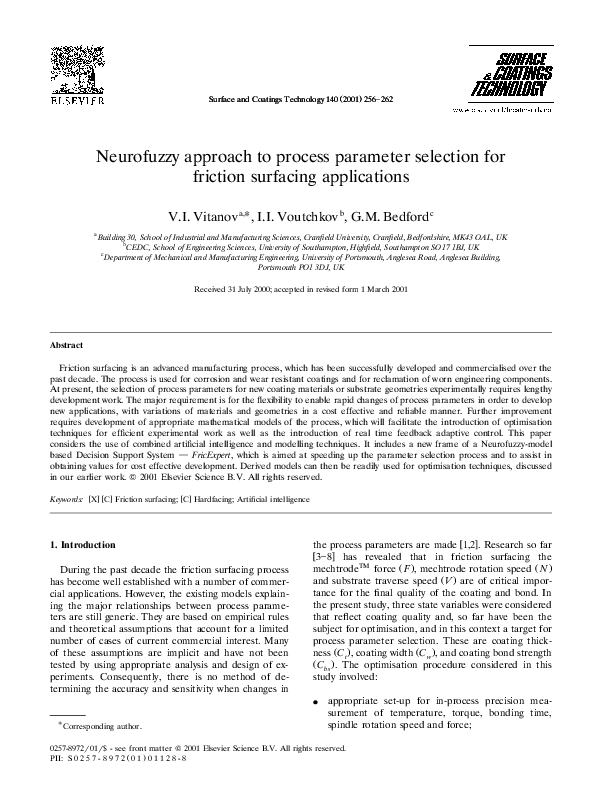 Pdf Neurofuzzy Approach To Process Parameter Selection For Friction