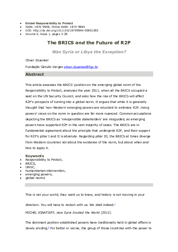 (PDF) The BRICS and the Future of R2P: Was Syria or Libya the Exception?