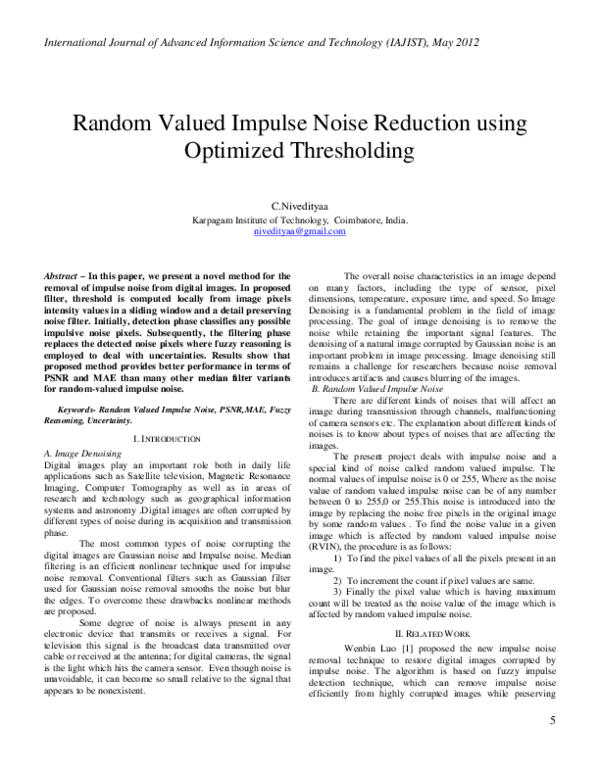 Pdf Random Valued Impulse Noise Reduction Using Optimized Thresholding 0312