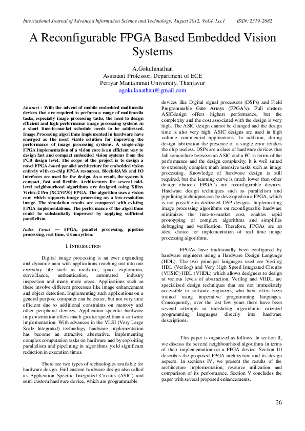 (PDF) A Reconfigurable FPGA Based Embedded Vision Systems (PDF) A Reconfigurable FPGA Based Embedded Vision Systems