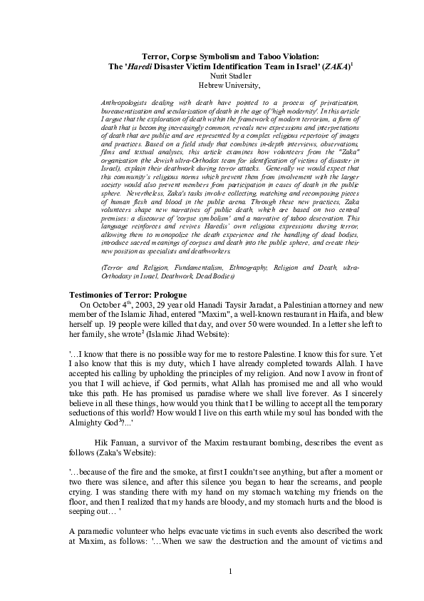 (DOC) Terror, corpse symbolism, and taboo violation: the 'Haredi ...