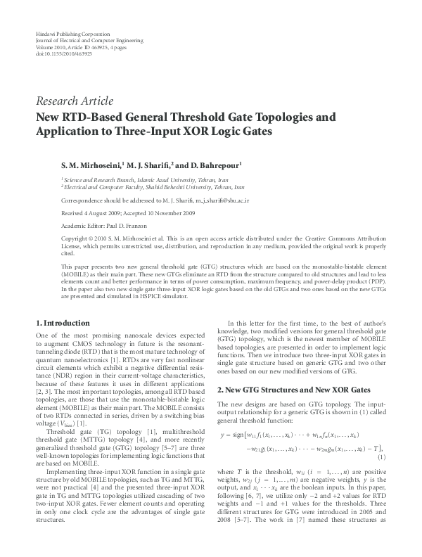 Pdf New Rtd Based General Threshold Gate Topologies And Application To Three Input Xor Logic