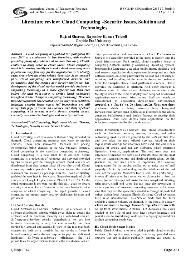 (PDF) Literature review: Cloud Computing –Security Issues, Solution and Technologies