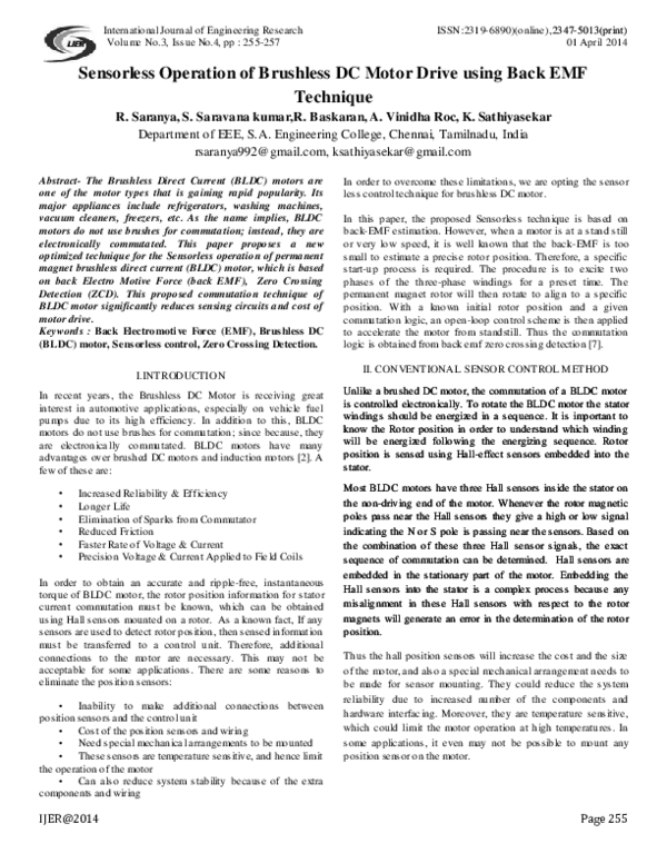 (PDF) Sensorless Operation of Brushless DC Motor Drive using Back EMF ...