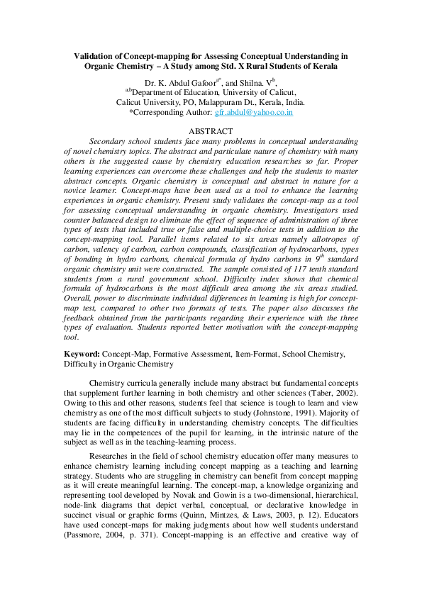 (PDF) Validation of Concept-mapping for Assessing Conceptual Understanding in Organic Chemistry ...