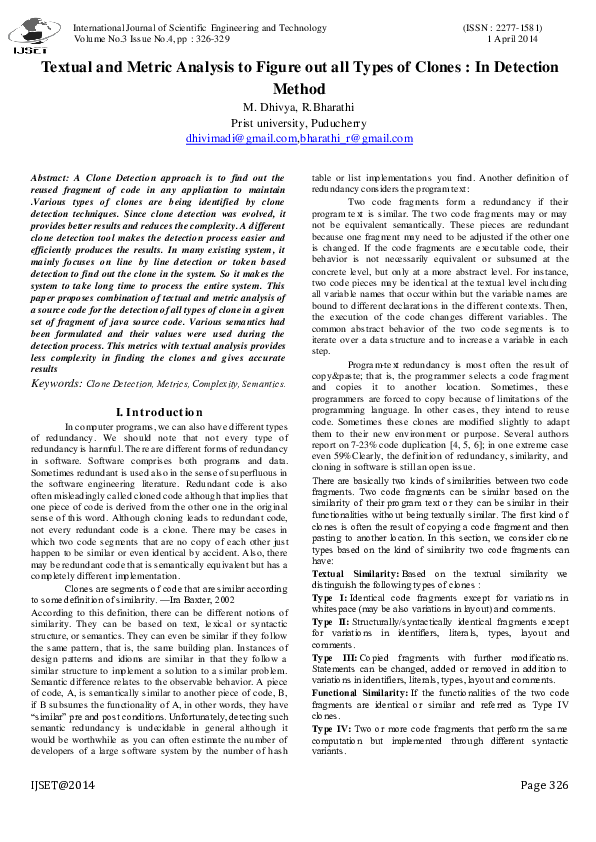 Pdf Textual And Metric Analysis To Figure Out All Types Of Clones In Detection Method