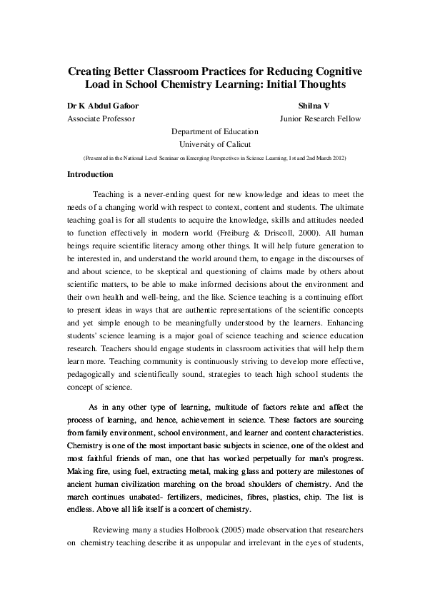 (PDF) Creating Better Classroom Practices for Reducing Cognitive Load in School Chemistry ...