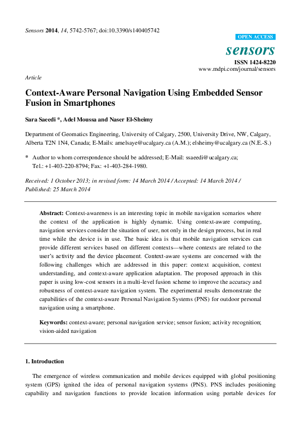 Pdf Context Aware Personal Navigation Using Embedded Sensor Fusion In Smartphones