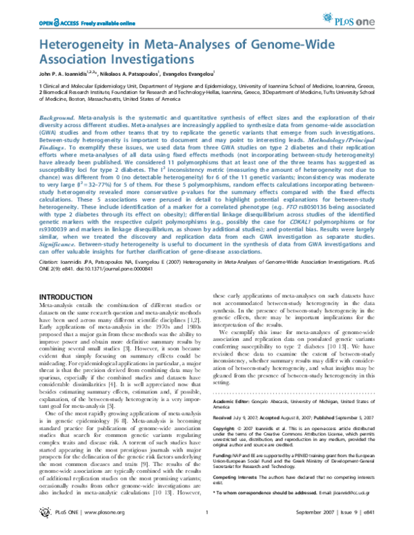 (PDF) Heterogeneity in Meta-Analyses of Genome-Wide Association ...