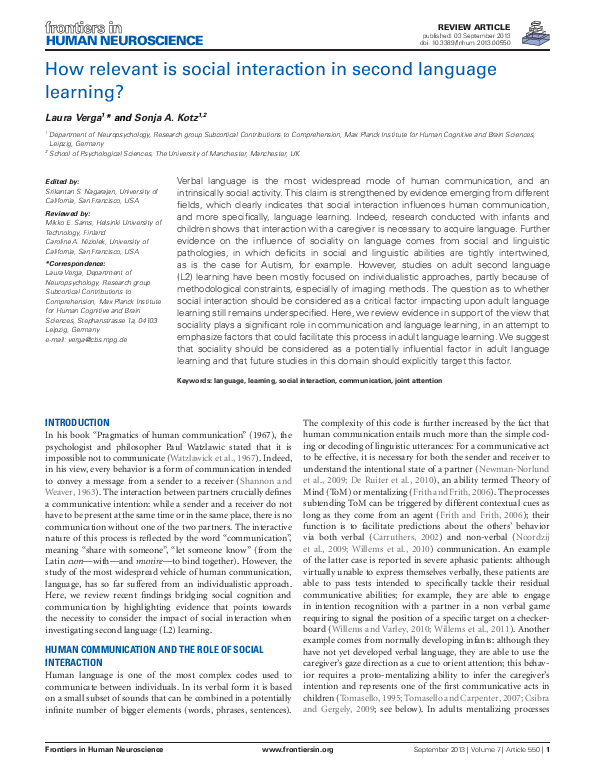 Pdf Human Neuroscience How Relevant Is Social Interaction In Second Language Learning