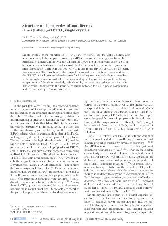 (PDF) Structure and Properties of Multiferroic (1-x)BiFeO3-xPbTiO3 Single Crystals