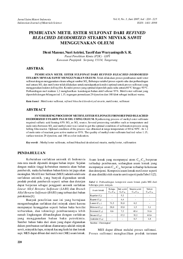 (PDF) PEMBUATAN METIL ESTER SULFONAT DARI REFINED BLEACHED DEODORIZED ...