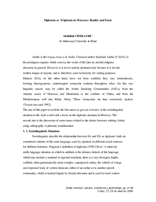 (PDF) Diglossia or Triglossia in Morocco: Reality and Facts