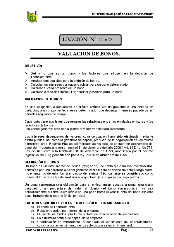 (PDF) UNIVERSIDAD JOSÉ CARLOS MARIATEGUI EDUCA INTERACTIVA VALUACION DE BONOS